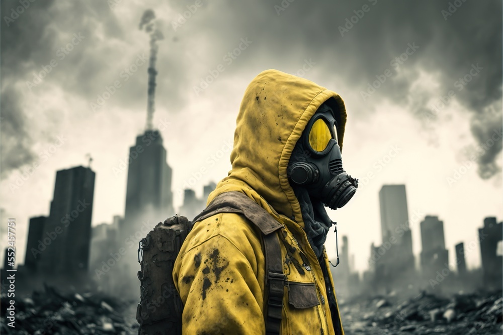 Dystopian post-apocalyptic scene with person in yellow jacket and gas ...