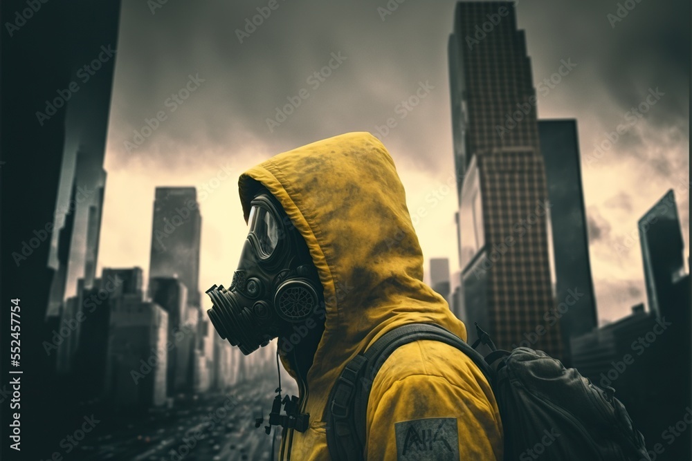 Dystopian post-apocalyptic scene with person in yellow jacket and gas ...