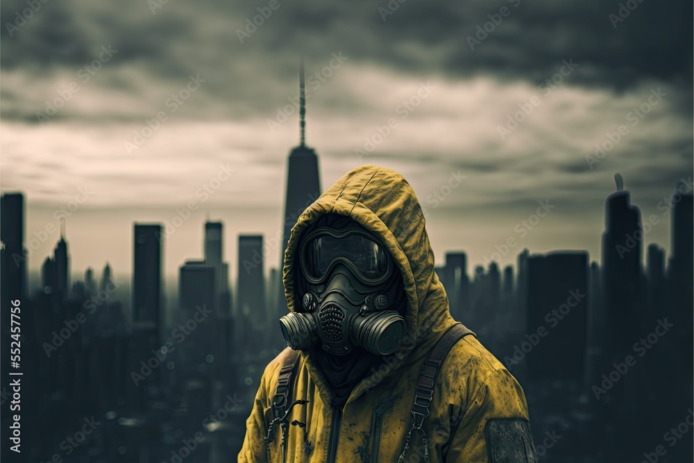 Dystopian post-apocalyptic scene with person in yellow jacket and gas ...