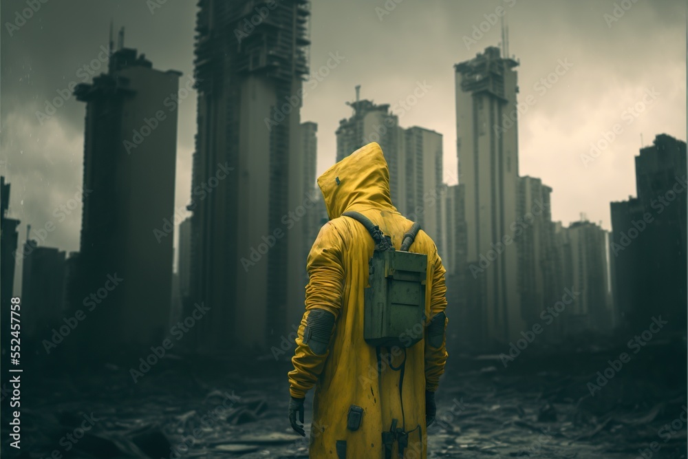 Dystopian post-apocalyptic scene with person in yellow jacket and gas ...