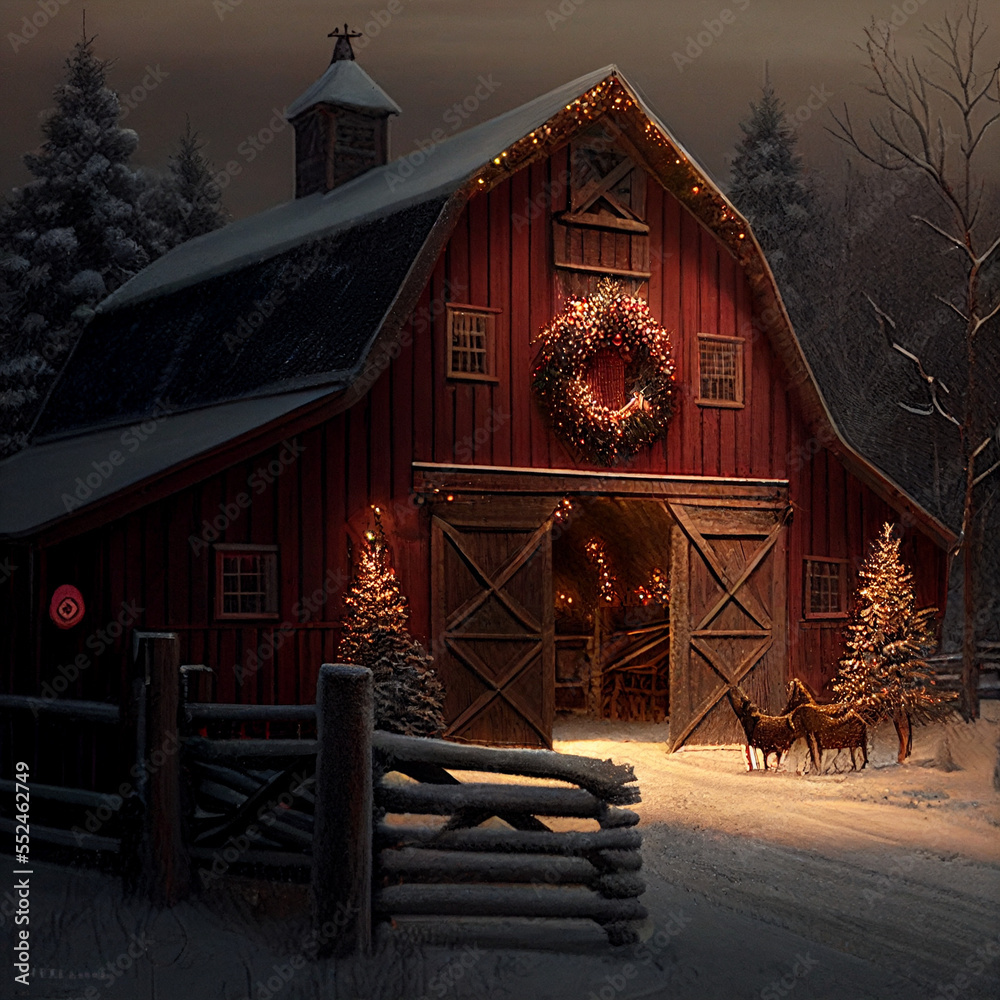 red barn in snow Stock Illustration | Adobe Stock