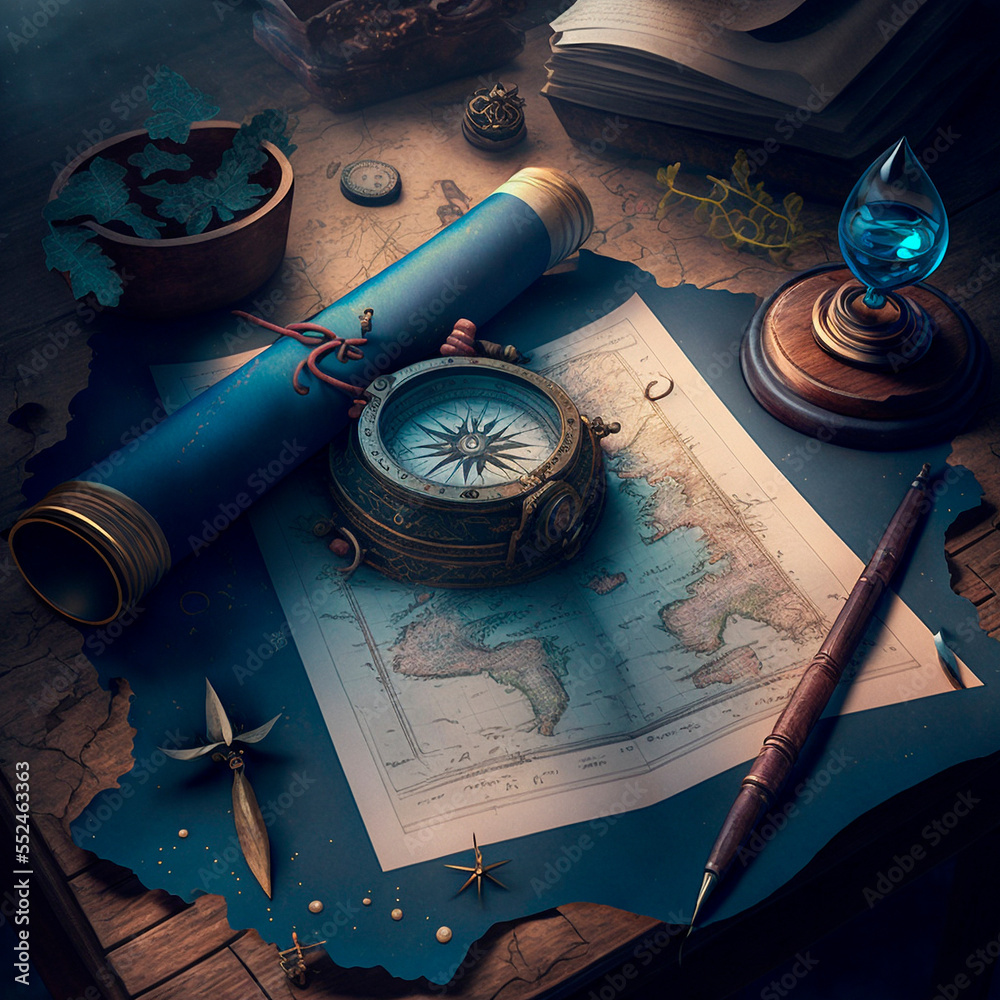 travel map and compass on the table, pirate map. High quality ...