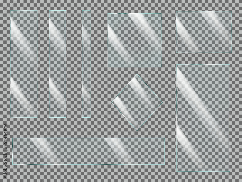 Set of reflective glass plate or banner. Rectangular transparent ...