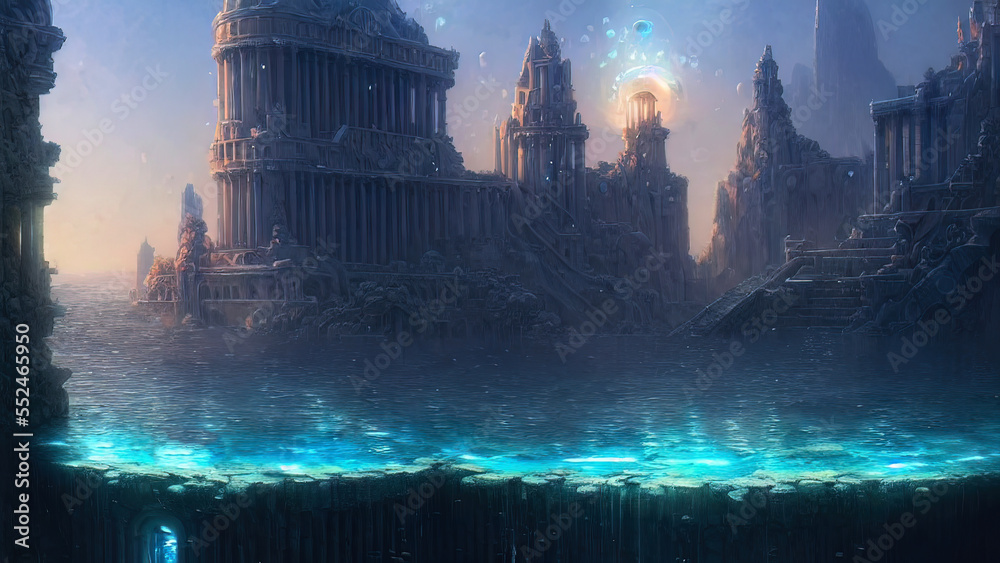 Ancient majestic sunken city of Atlantis civilization. Fantasy city at ...