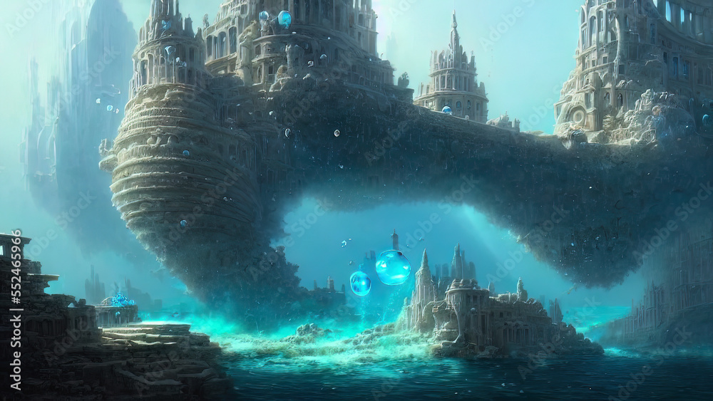 Ancient majestic sunken city of Atlantis civilization. Fantasy city at ...