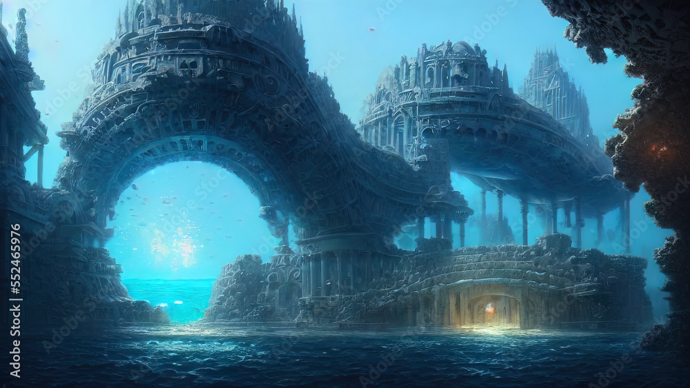 Ancient majestic sunken city of Atlantis civilization. Fantasy city at ...