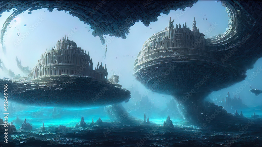 Ancient majestic sunken city of Atlantis civilization. Fantasy city at ...