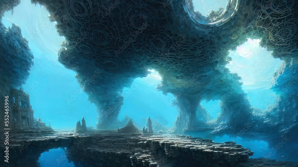 Ancient majestic sunken city of Atlantis civilization. Fantasy city at ...