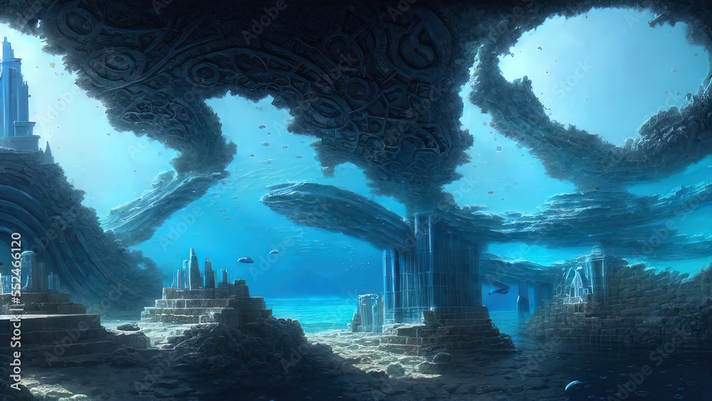 Ancient majestic sunken city of Atlantis civilization. Fantasy city at ...