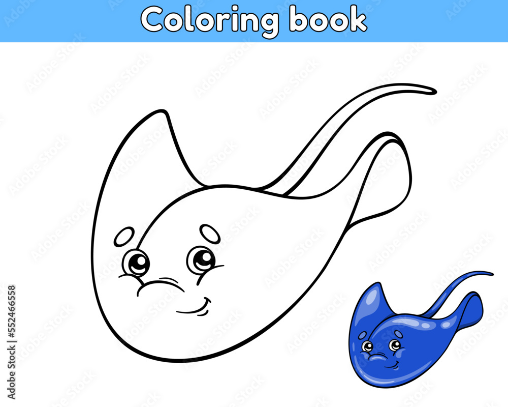 Cartoon cute stingray. Coloring page for children. Vector illustration ...