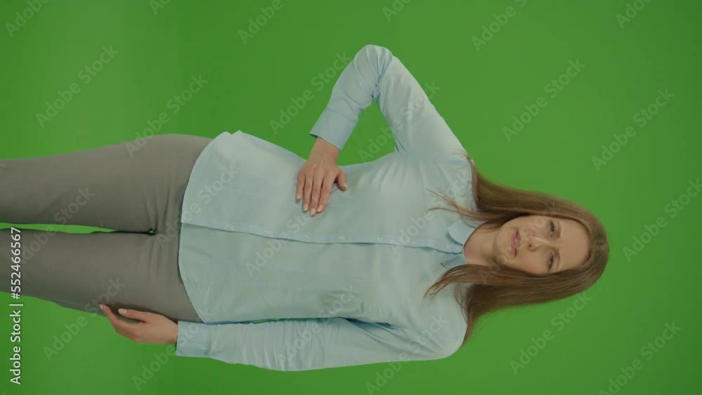 Vertical Video. Green Screen. Chroma Key. Unhealthy Woman in Blue Shirt ...