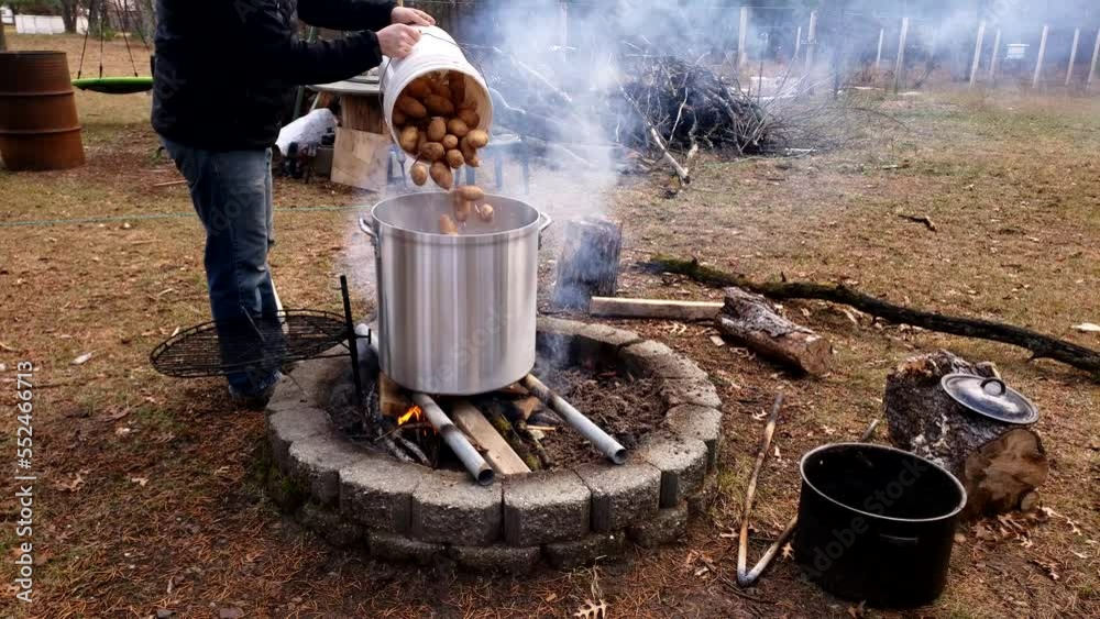 Pouring bucket of whole potatoes into large stock pot over fire pit to ...