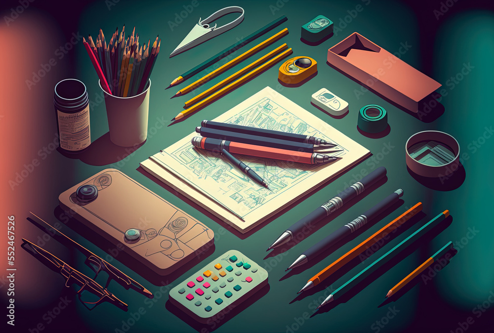 Pens, color samples, and graphic design tools on a desk. construction ...