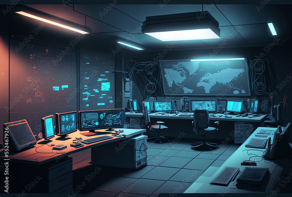 Future and technology idea in a modern, dark room with interactive ...