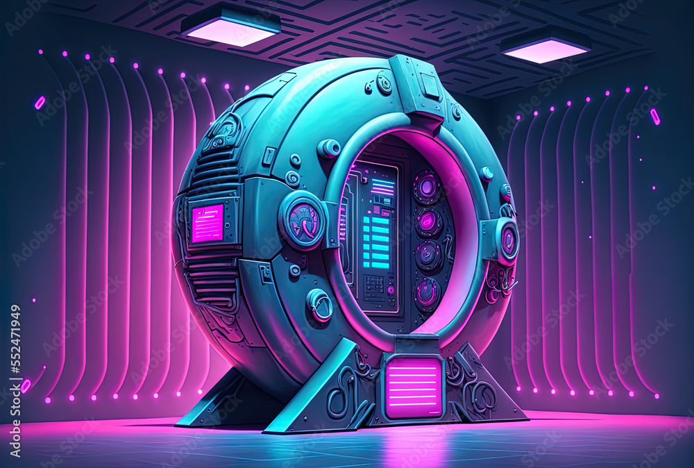 With a blue and pink background and an empty spaceship chamber as the ...