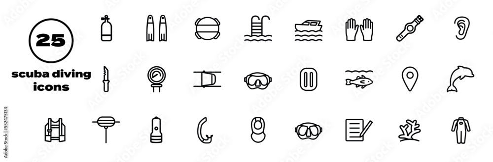 Photo set of scuba icons, diving pictograms, diving cylinder, jacket ...