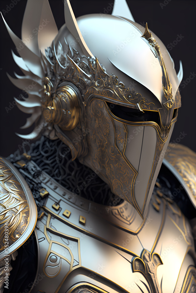 Detail of shining silver and gold armor with rococo style helmet, gold ...