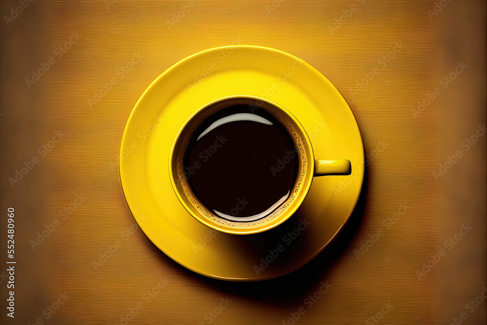 The picture is a top-down look of a coffee cup set on a wooden, yellow ...