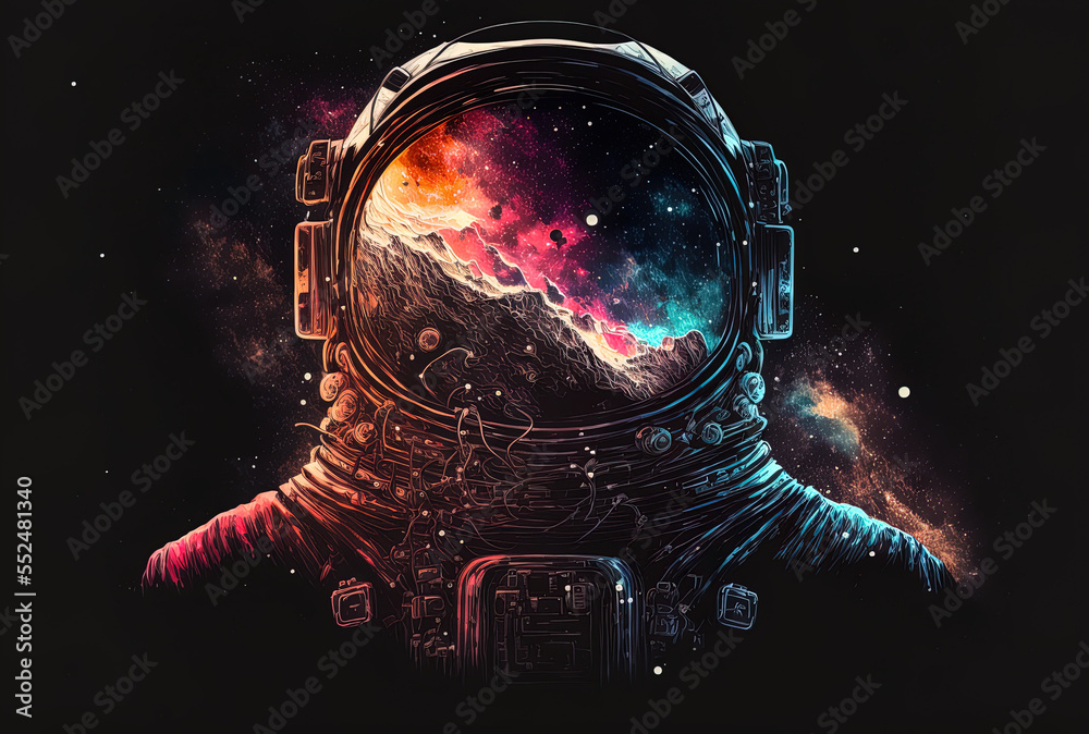 Spacesuit wearing astronaut galaxy and star reflections from the helmet ...