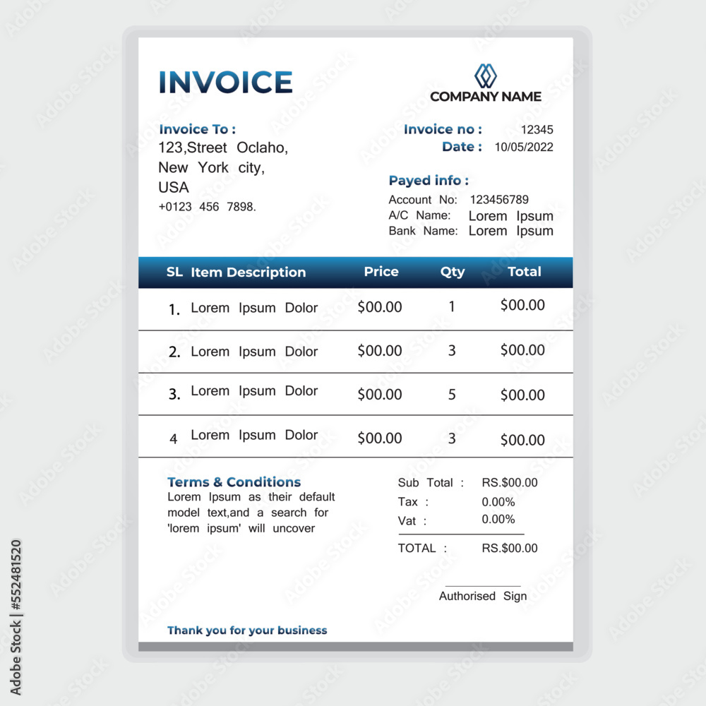 Invoice minimal, clean invoice, Elegant invoice Bill form business ...