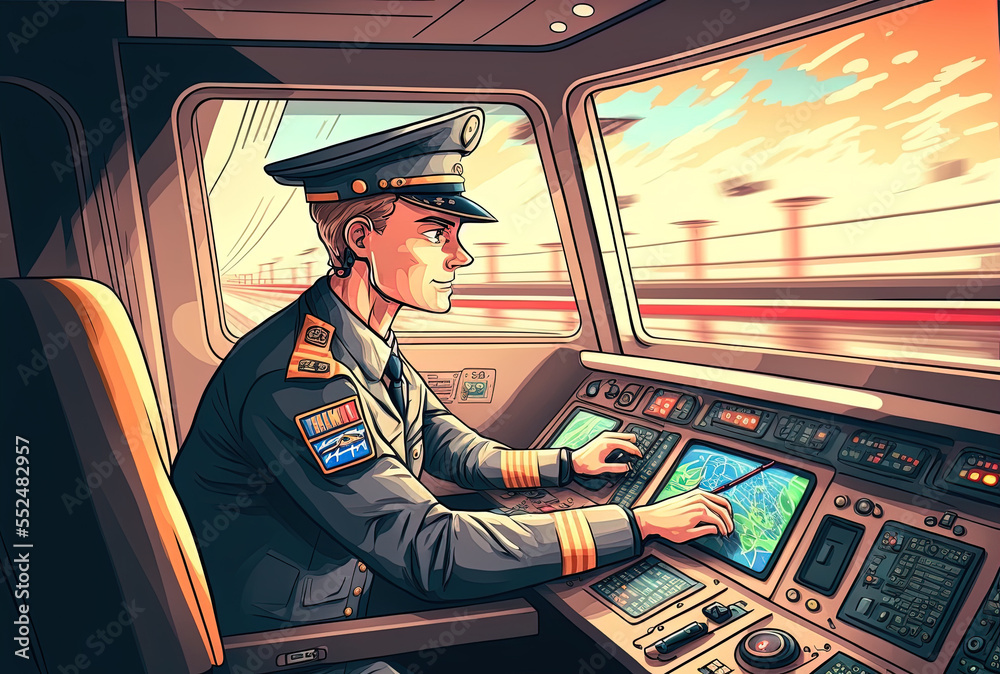 Professional driver driving high speed train in uniform inside train ...