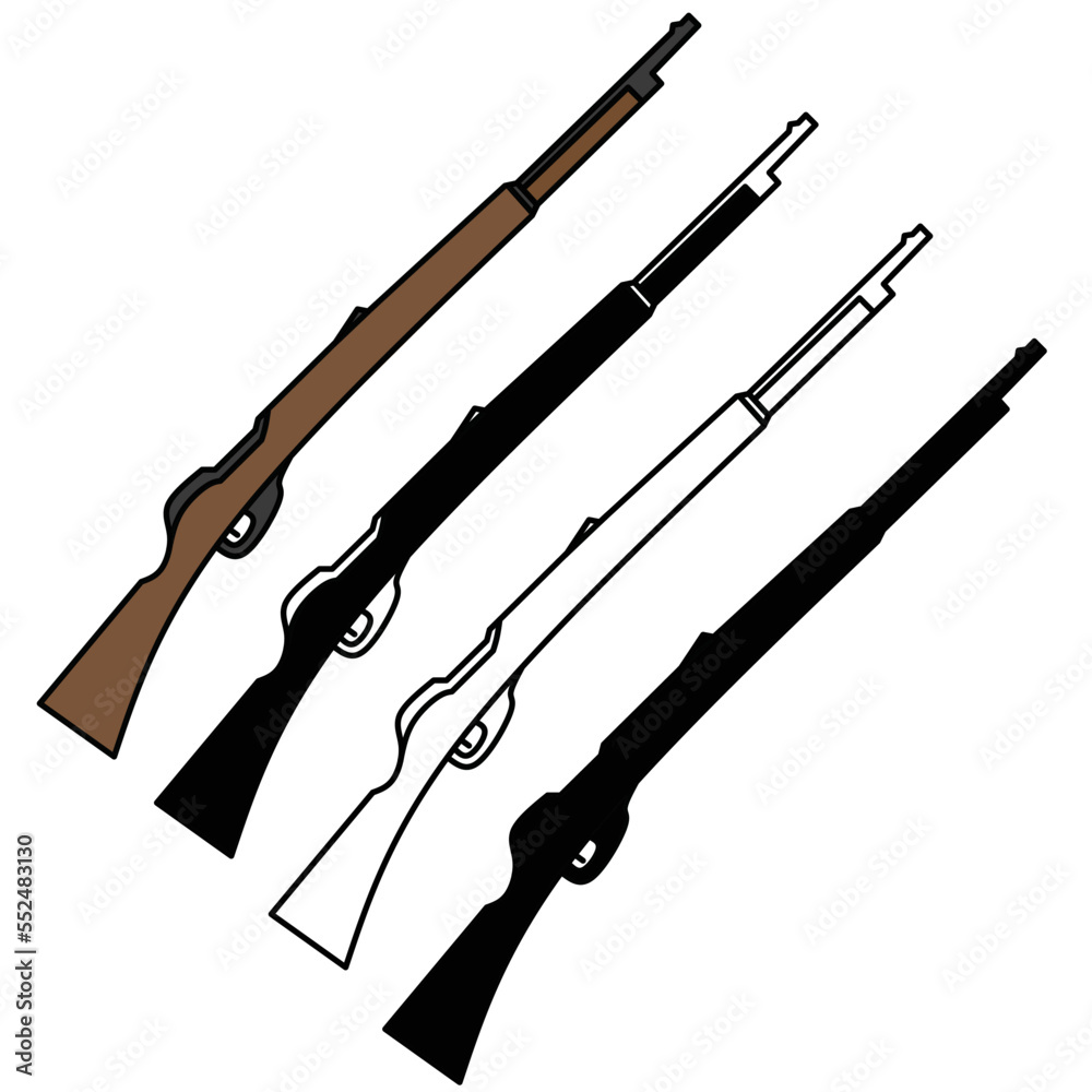flat Mannlicher rifle set collection. isolated o white. weapon, gun ...