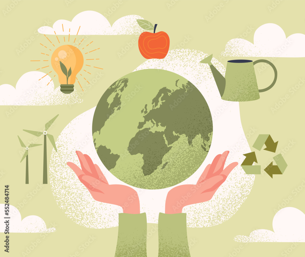 Climate change concept. Hands hold big planet. Ecology care ...