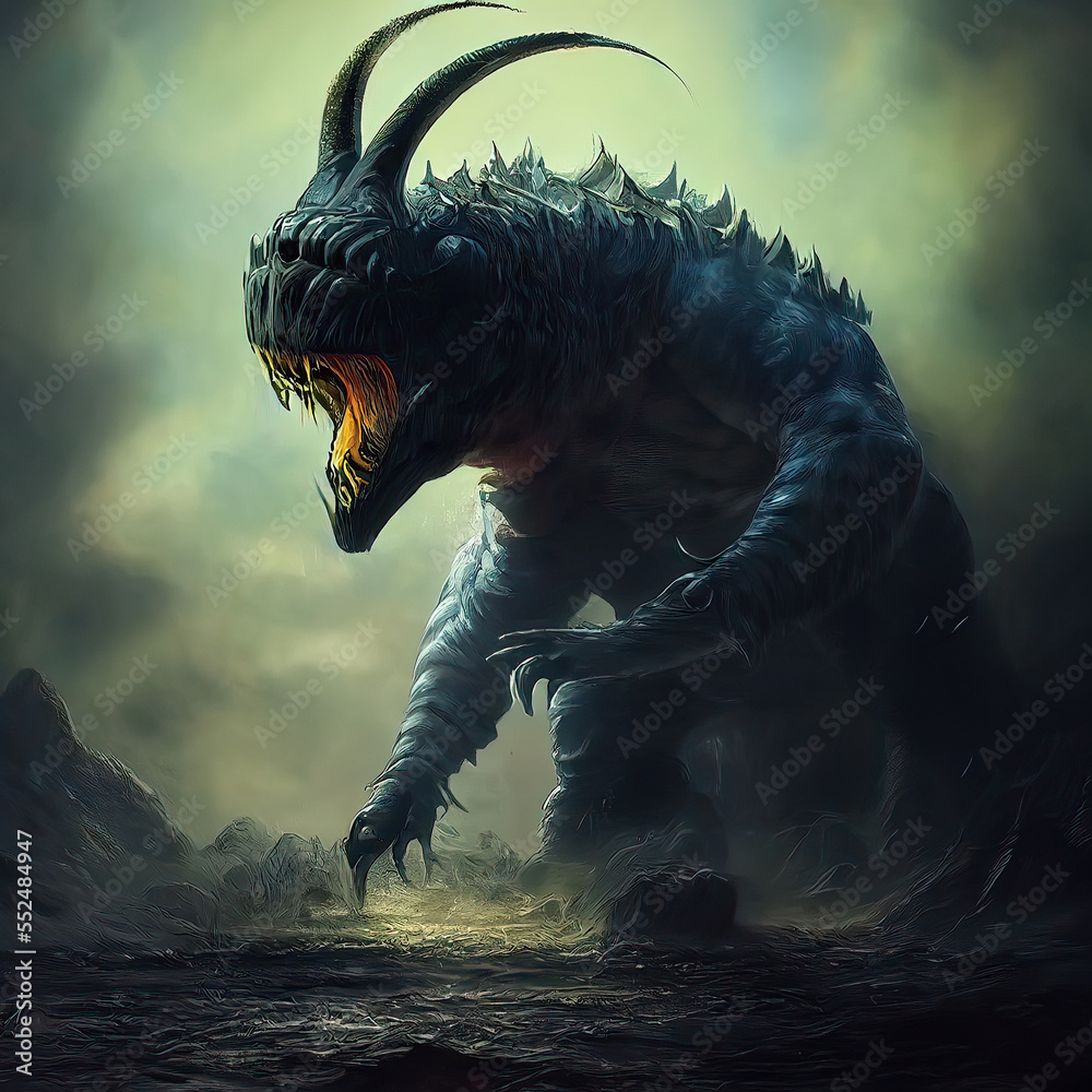 Giant monster with horns and sharp iron teeth. Generative AI Art. Stock ...