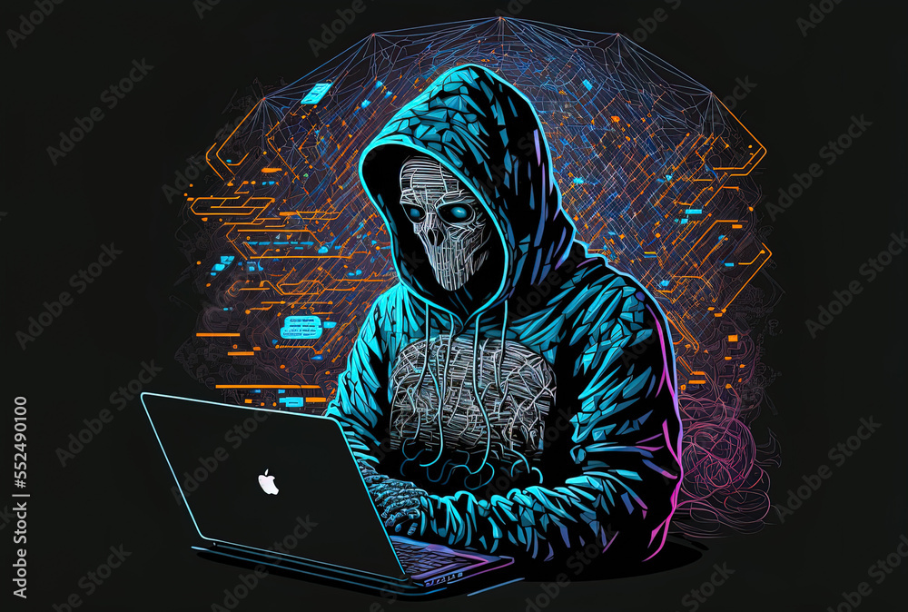 Big data technology metaverse and future idea with a hacker in a hoodie operating a laptop ...