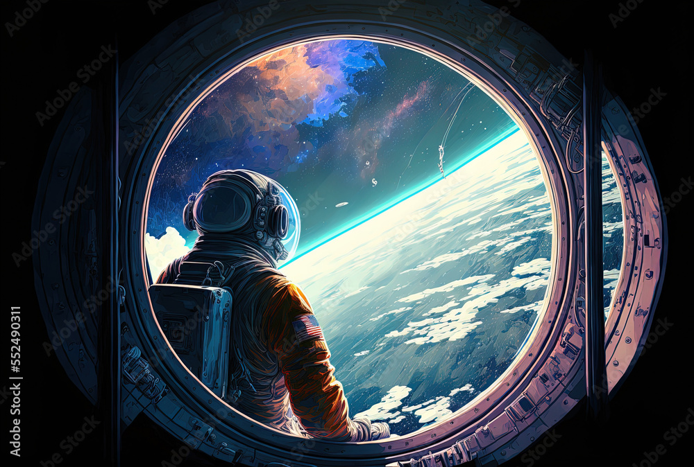 Through a huge window, an astronaut aboard a future spacecraft observes ...
