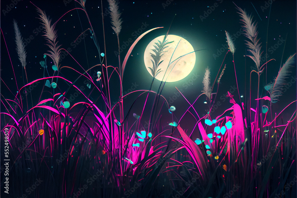 Full Moon Shining Through The Tall Grass Stock Illustration | Adobe Stock