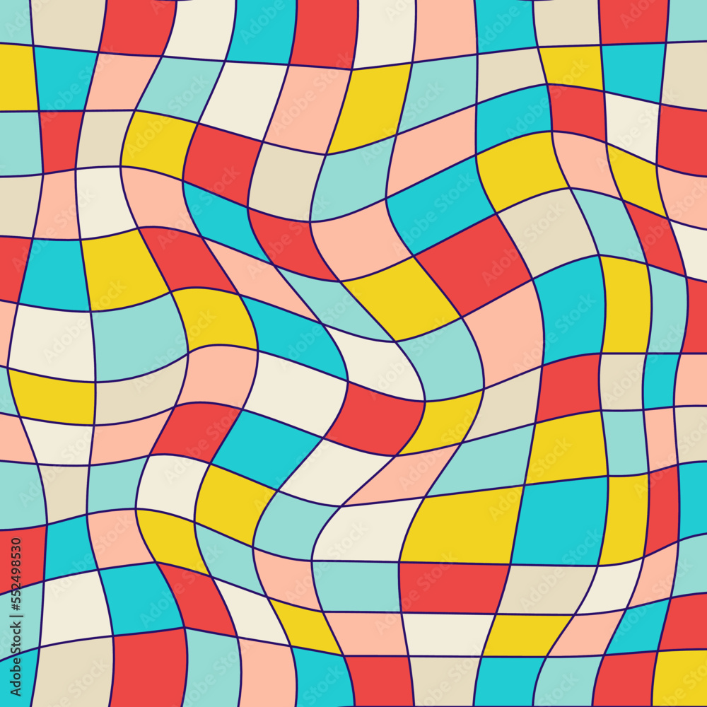 Groovy checkered background. Square psychedelic banner in retro cartoon ...