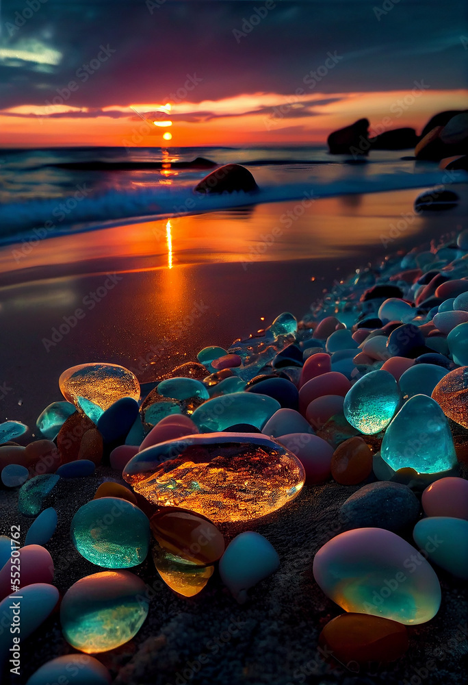 Beautiful seascape with crystal transparent stone at the beach, sunset ...