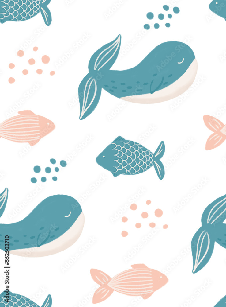 Cute kids nautical underwater pattern. Blue whale and pink fish ...