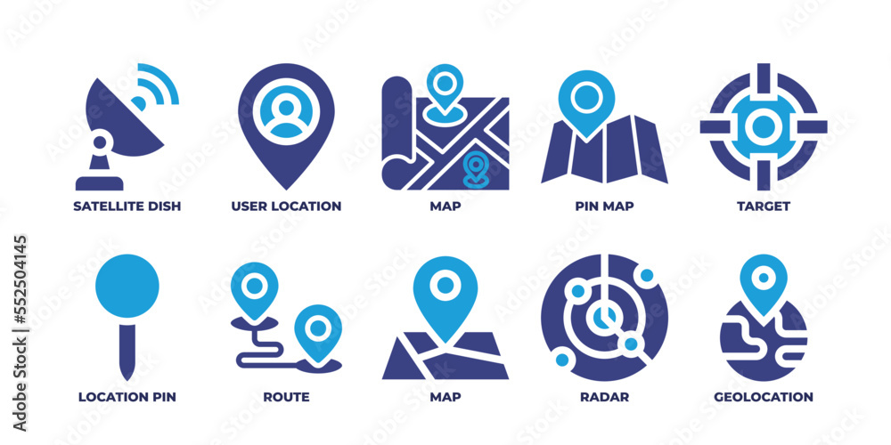 Location icon set. Duotone color. Vector illustration. Containing a ...