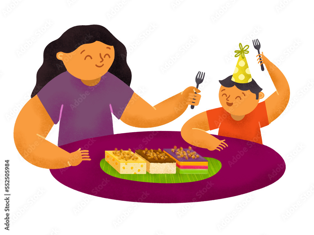 Filipino mother and son eating kakanin rice cakes during a birthday ...