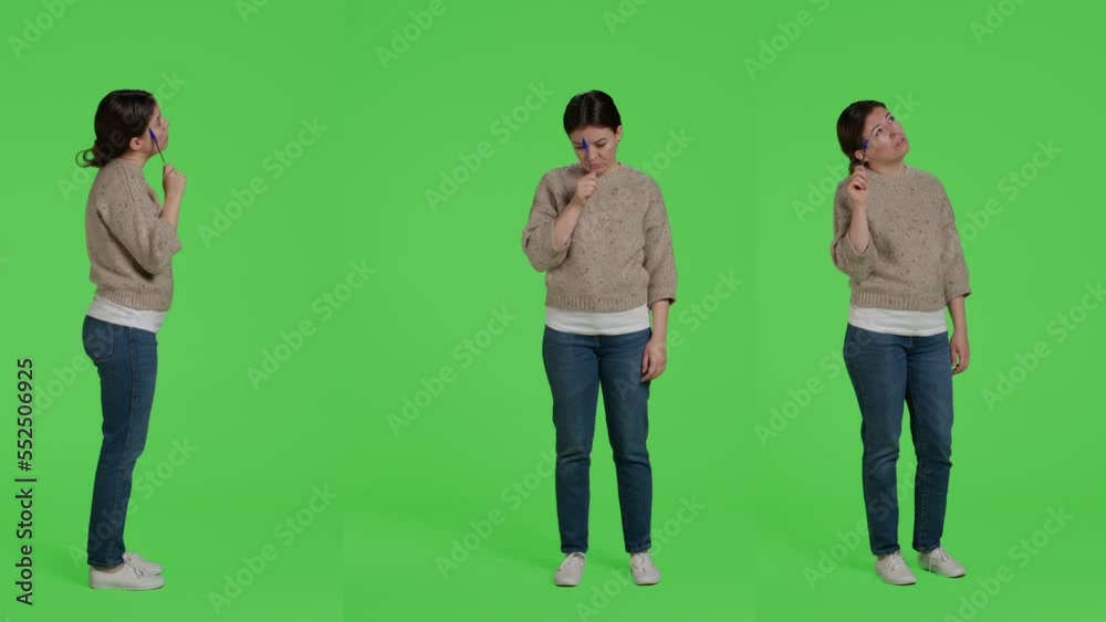 Pensive woman brainstorming ideas to make decision, standing over ...