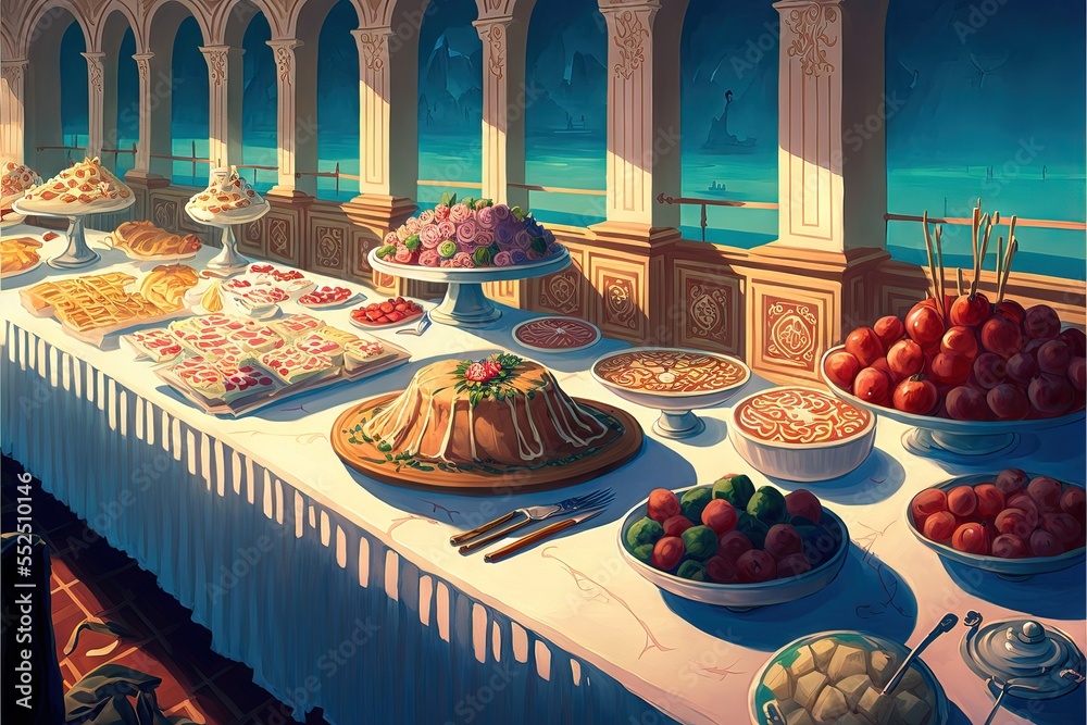 Illustration of a celebration buffet table full of delicious food ...