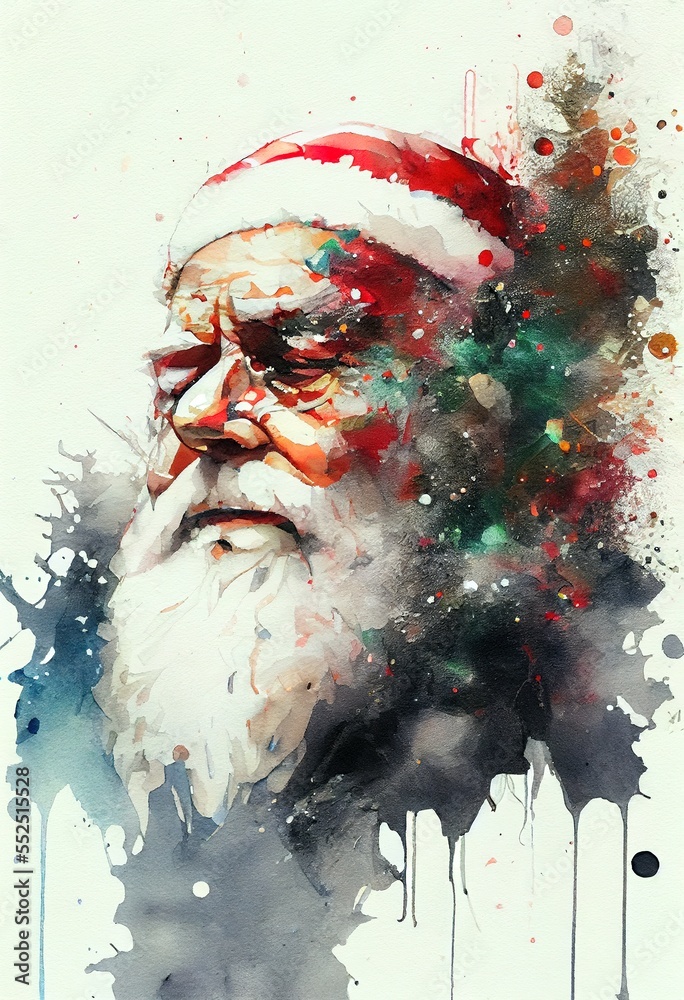 Artistic portrait of Santa. Beautiful art with drips, smudge and ...