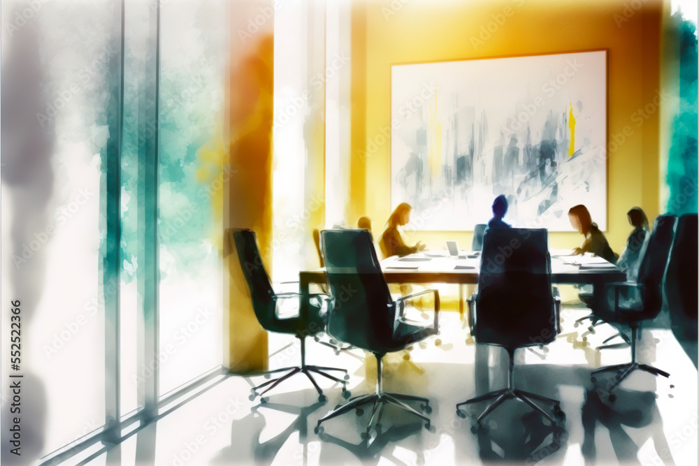 Watercolour abstract blurred meeting room in an office, hall interior ...