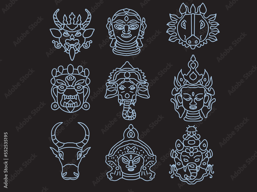 hand drawn south and south east asia traditional mask clipart vector ...