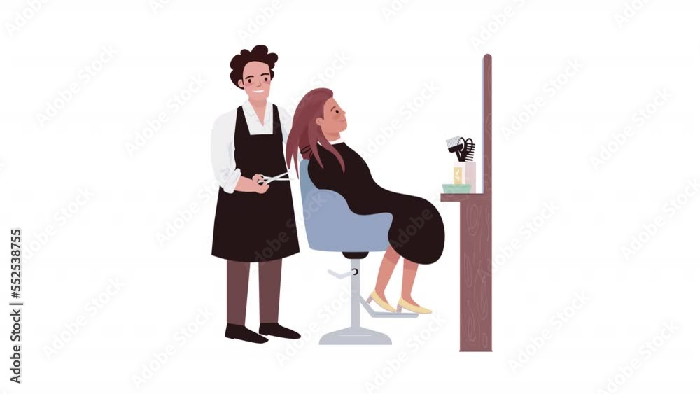 Animated haircut in salon characters. Woman at hairdressing salon. Full ...