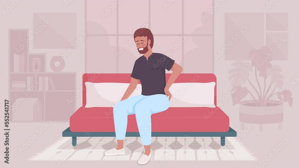 Animated back pain illustration. Young man with osteoarthritis. Sharp ...