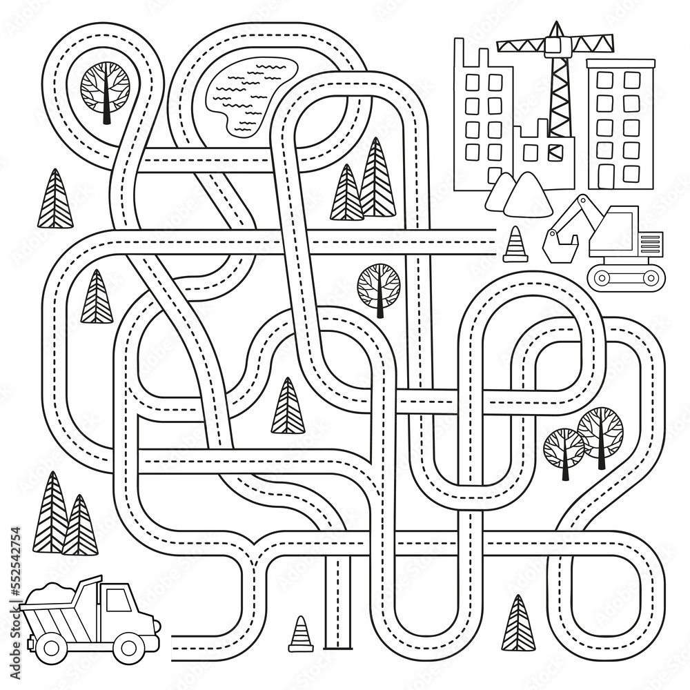 Maze game with vehicles and tangled road. Help the truck to reach the ...