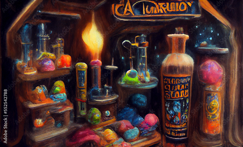 Wizard laboratory, chemical tubes and flasks of different shape and ...