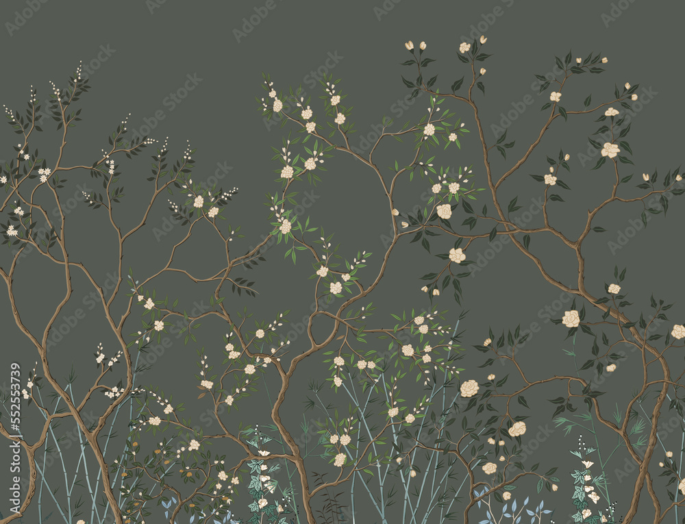 Drawn trees with flowers and leaves. Floral background. Design for ...