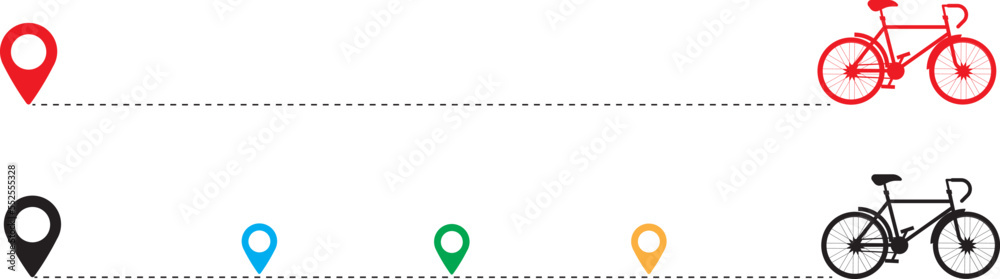 Bike icon dotted line path with start point. Set of bicycle way trace ...