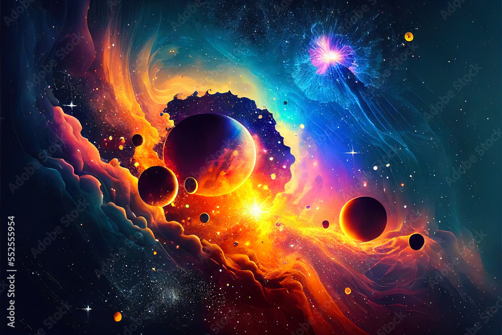 fantastic space background with planets and stars in super vibrant colors and high saturation ...