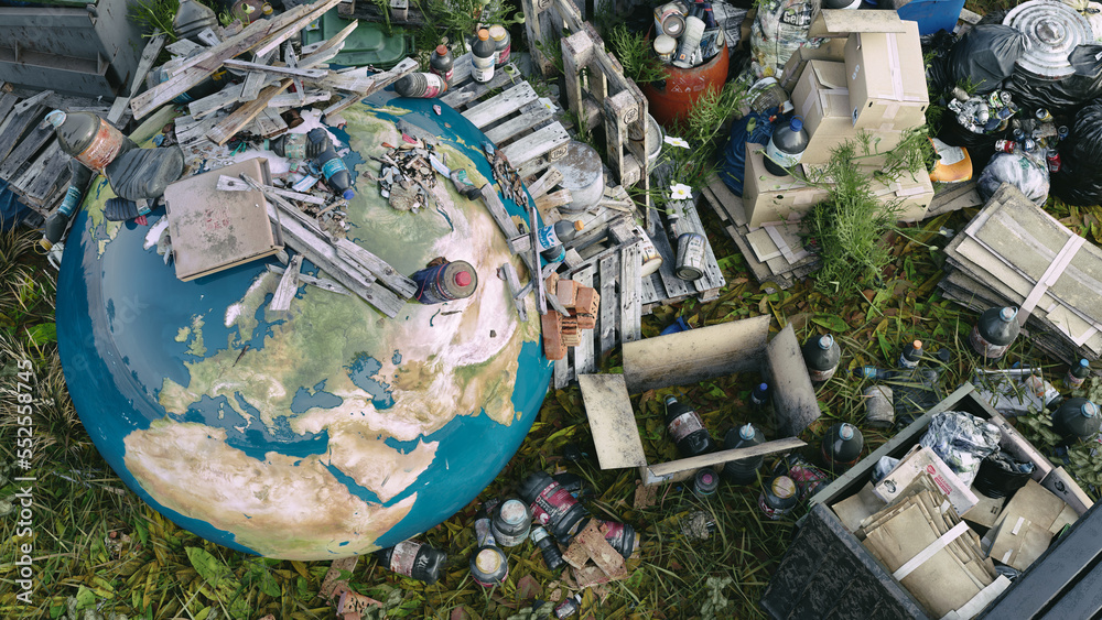 Planet earth lies between garbage - Global catastrophe concept (greenhouse effect, global ...