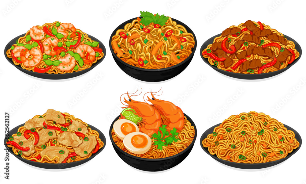 Vetor De Asian Stir Fry Noodles Recipe Illustration Set Vector Chinese
